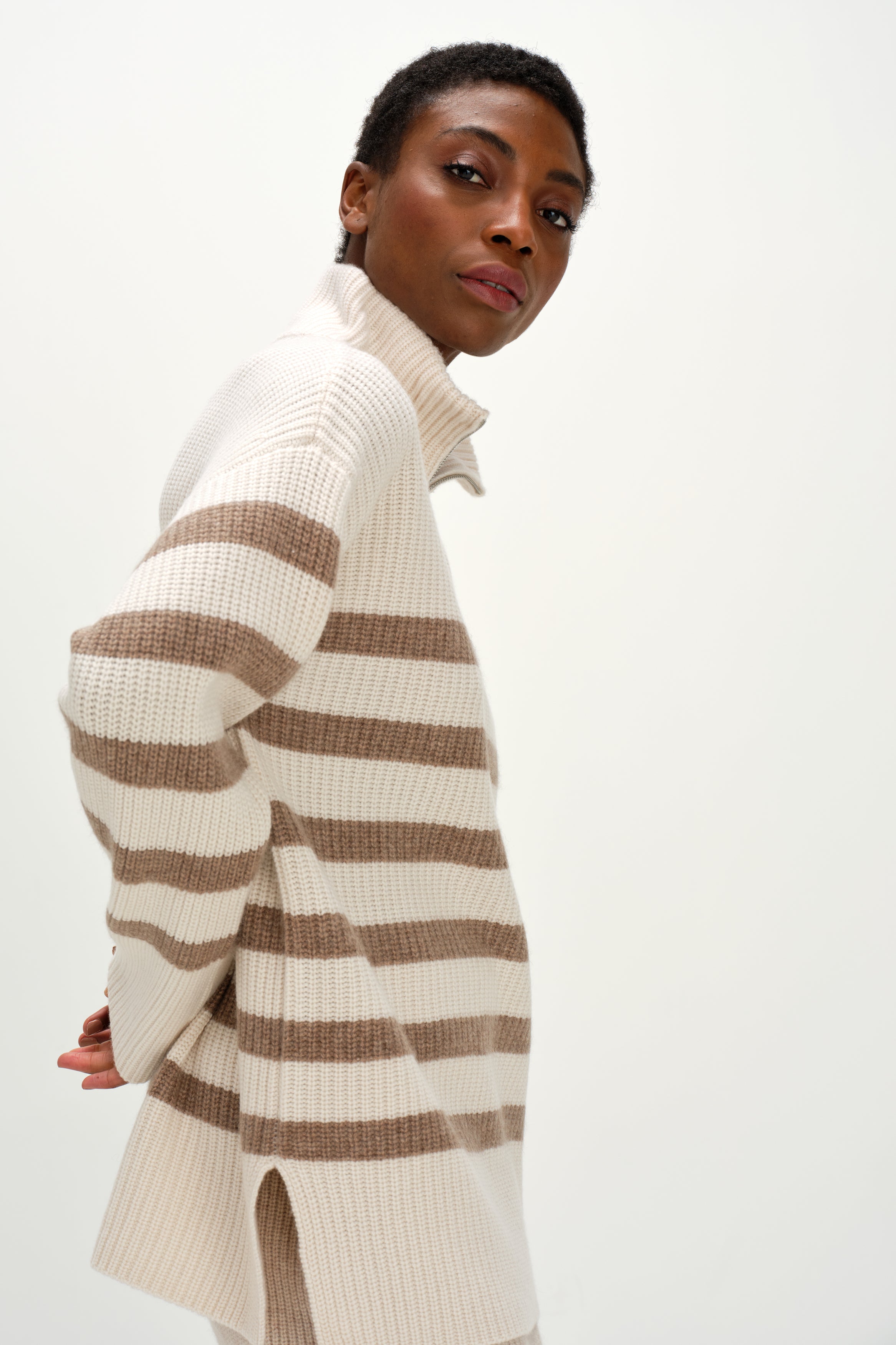 Half Zip Striped Sweater - Sweaters - White/Mink – Davida Cashmere
