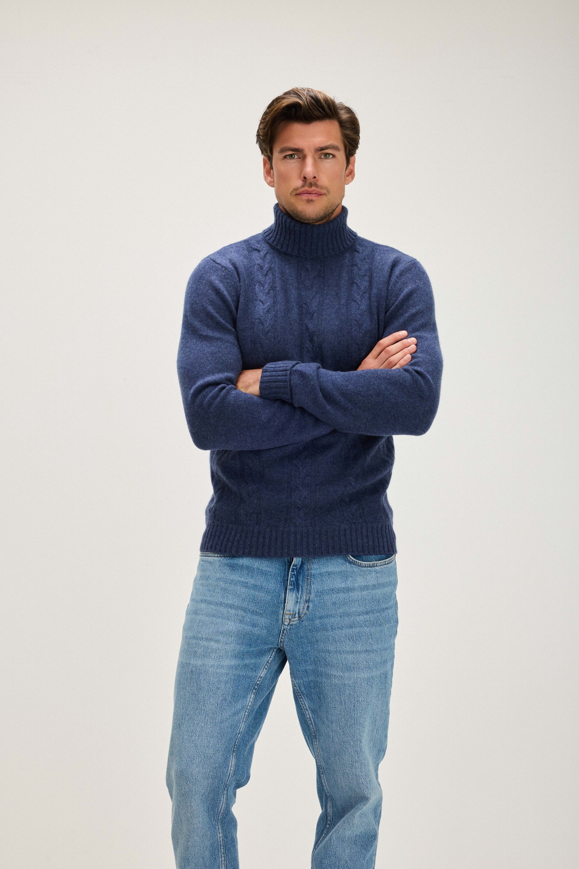 Man Cable Turtleneck - Sweaters - Denim Blue – Davida Cashmere