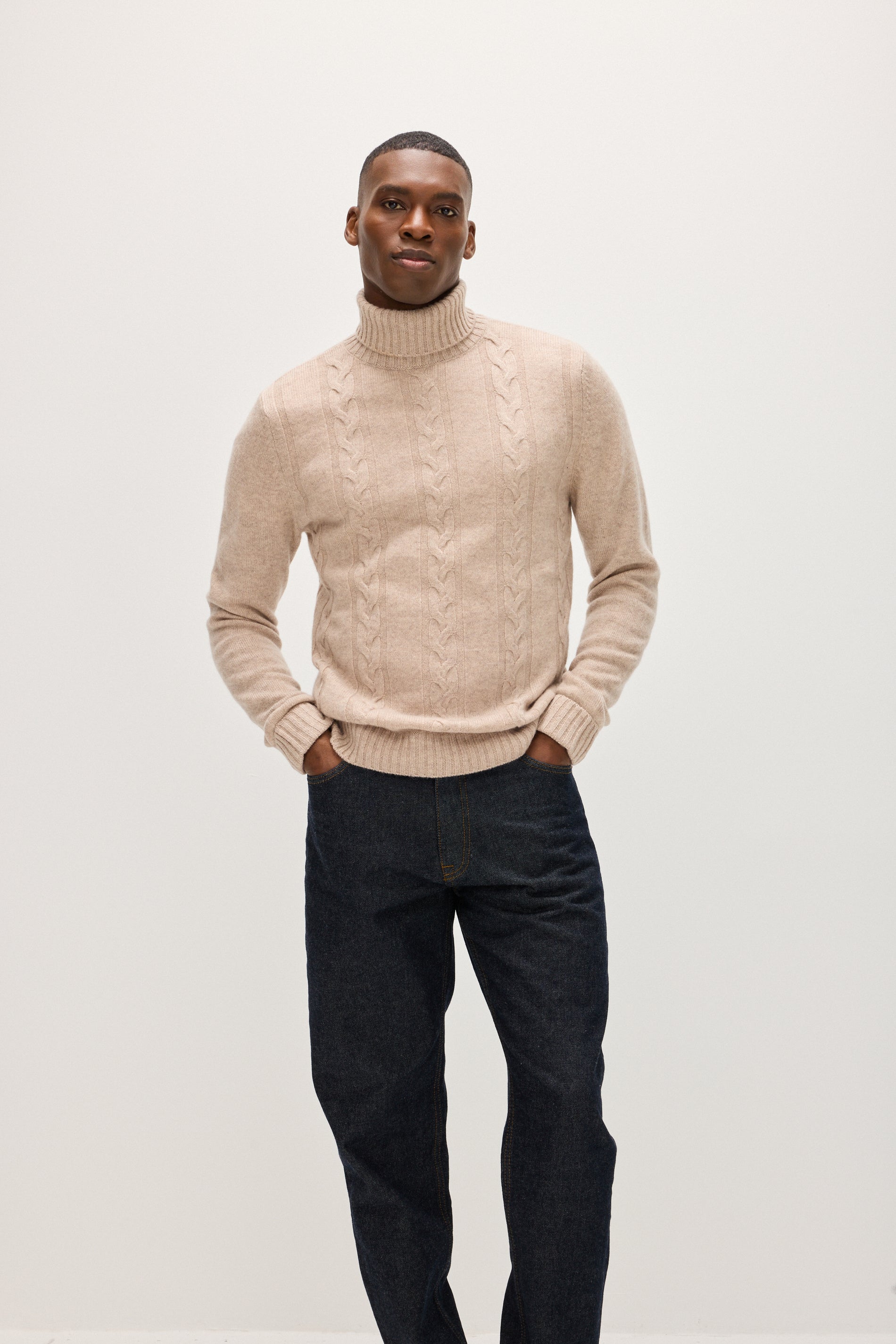 Man Cable Turtleneck - Sweaters - Sand – Davida Cashmere
