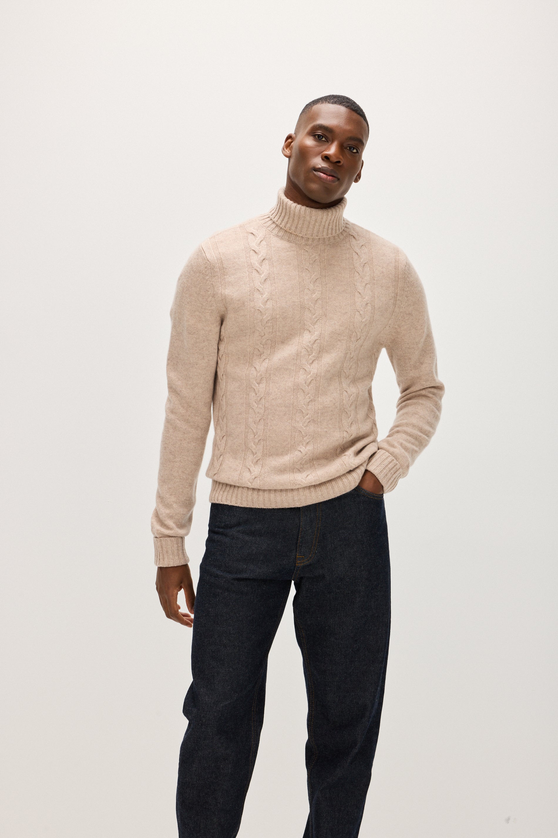 Man Cable Turtleneck - Sweaters - Sand – Davida Cashmere
